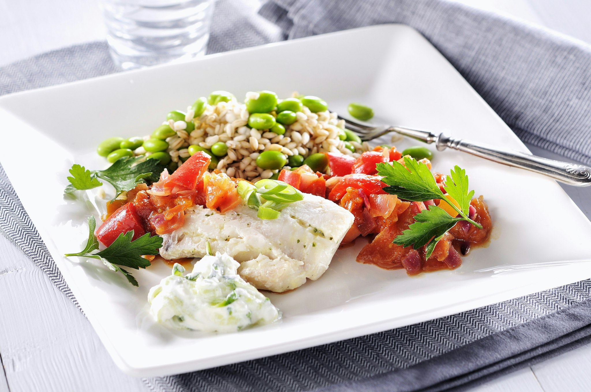 Kokt torsk med ratatouille och tsatsiki