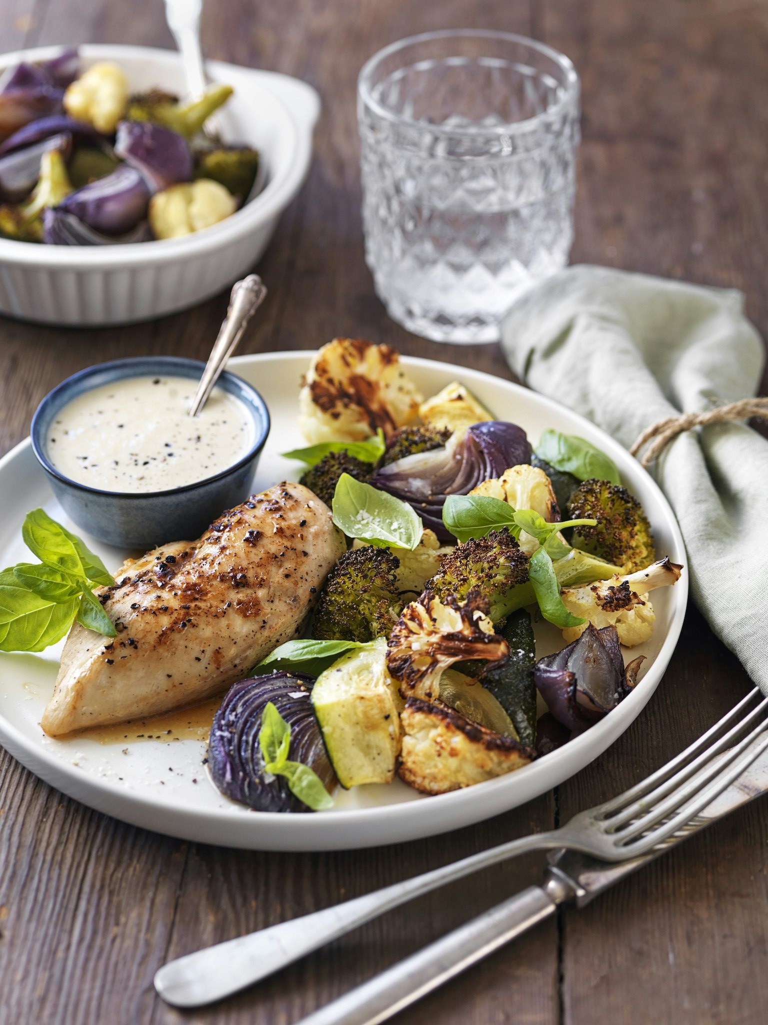 Kycklingfilé med caesarsås och rostade grönsaker