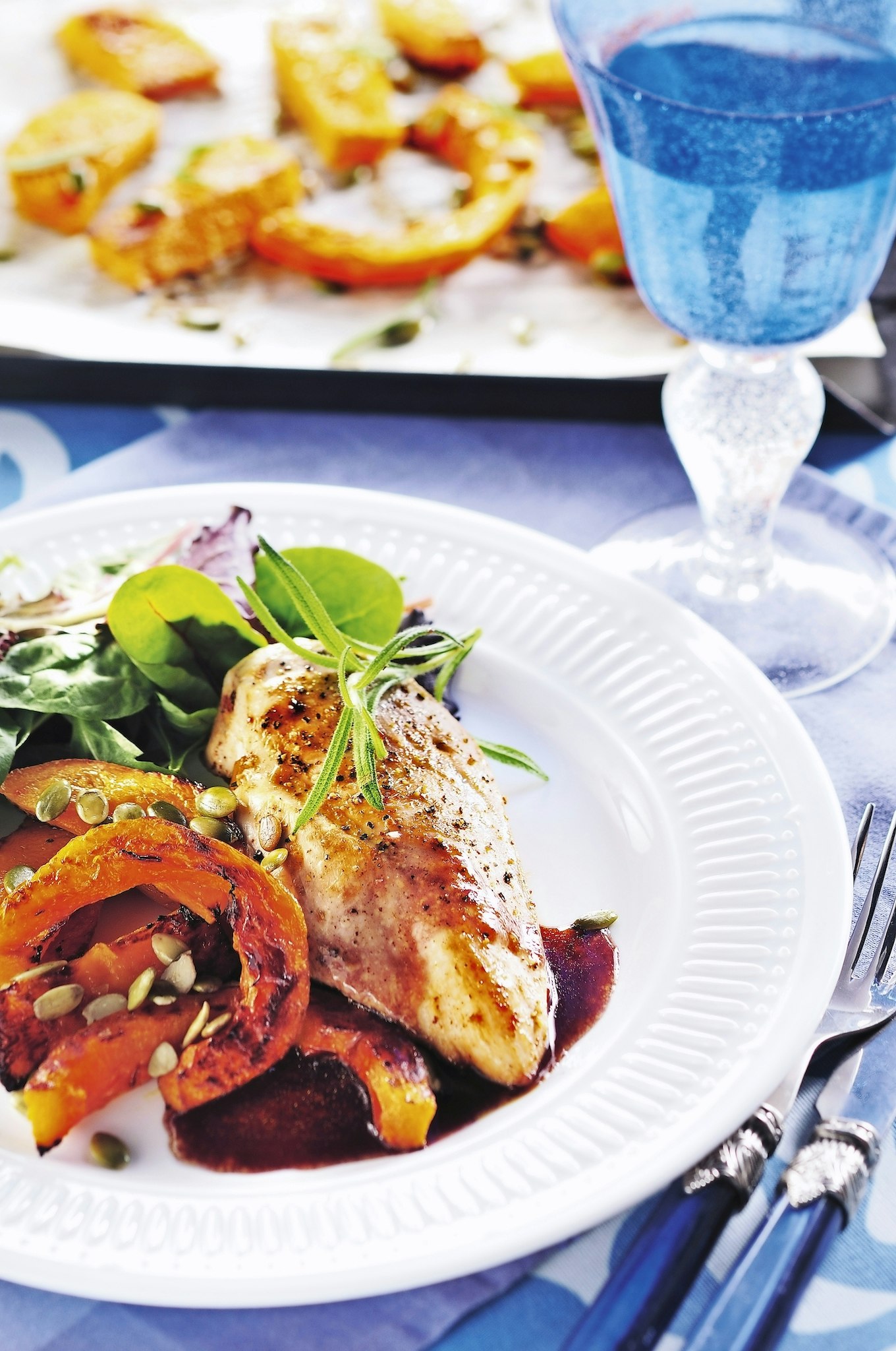 Kycklingfilé med rostad pumpa och rödvinssky