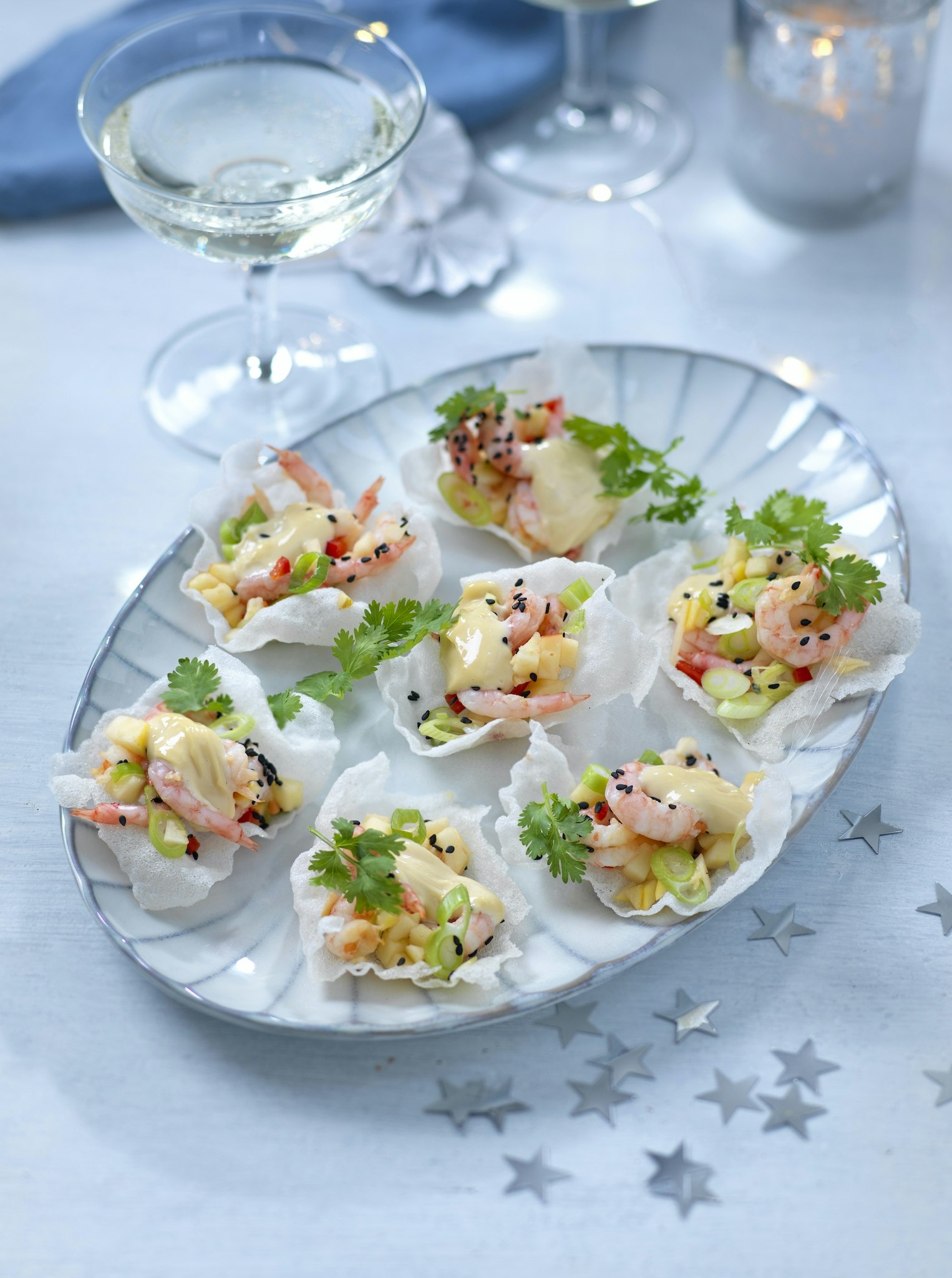 Puffigt rispapper med räkor