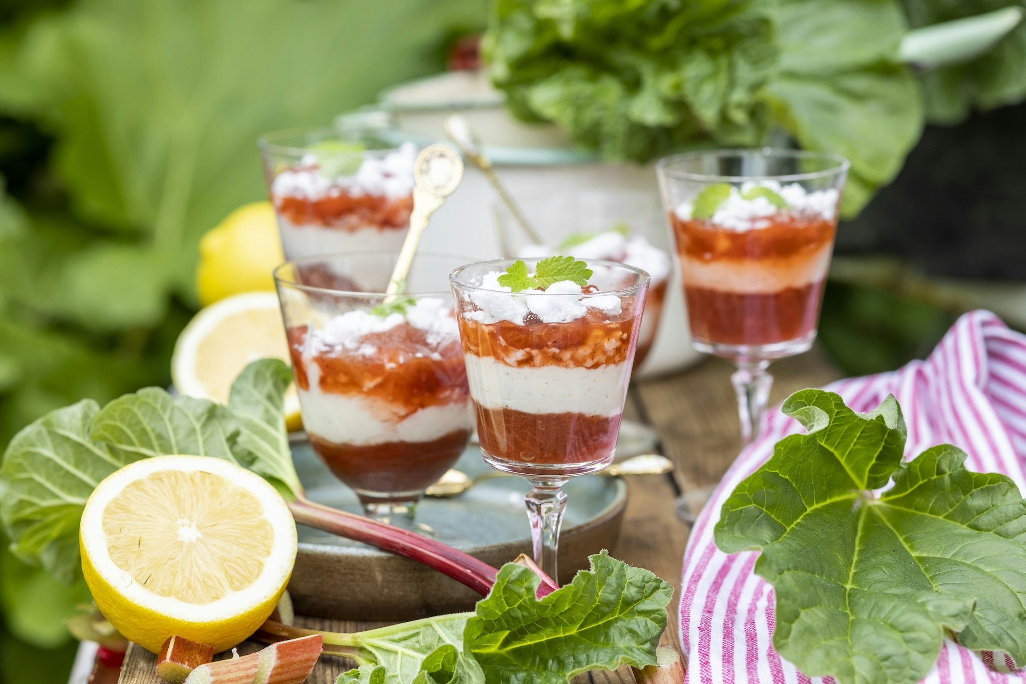 Rabarberdessert i glas med färskostkräm och maräng
