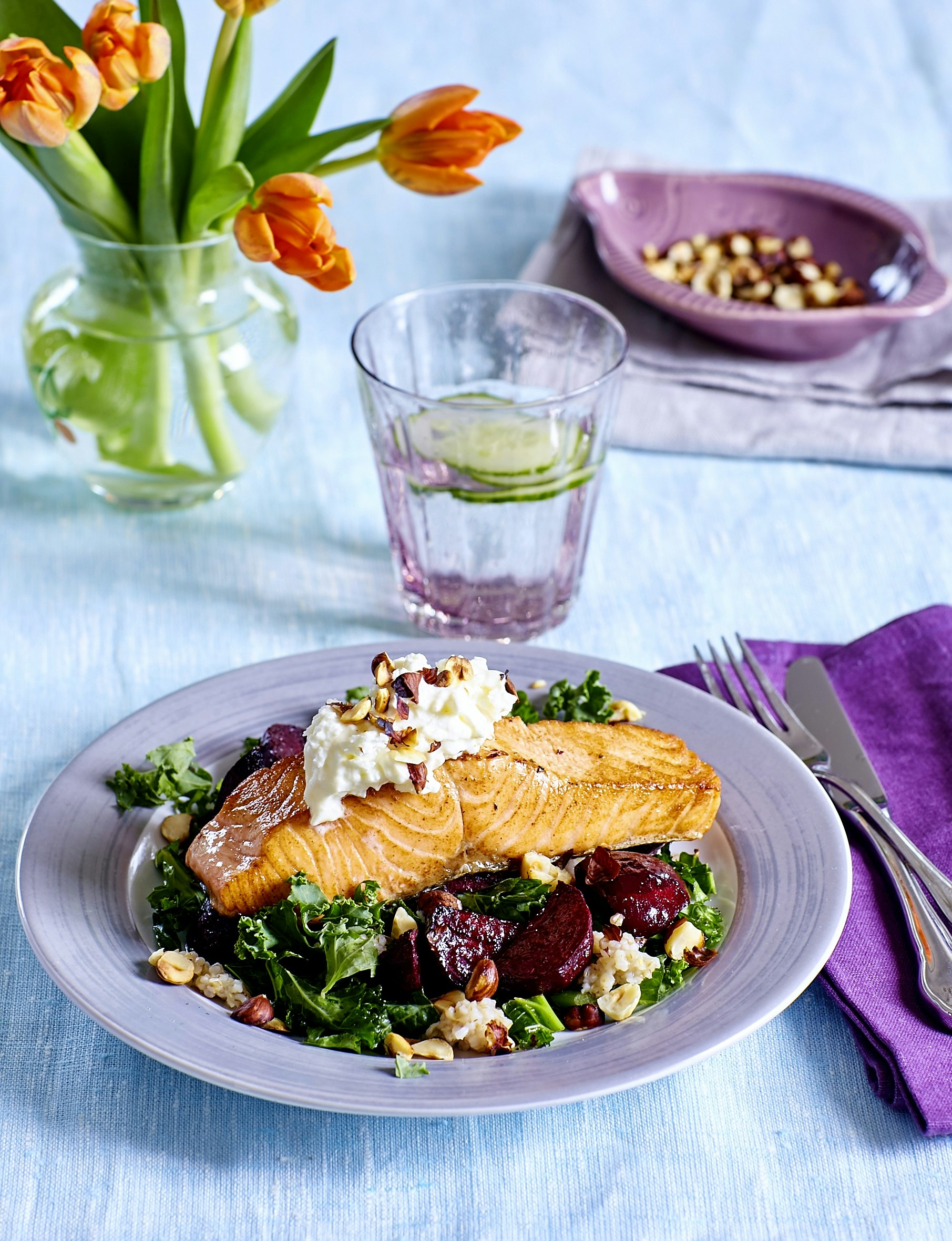 Stekt laxfilé med apelsinsky och ostkräm