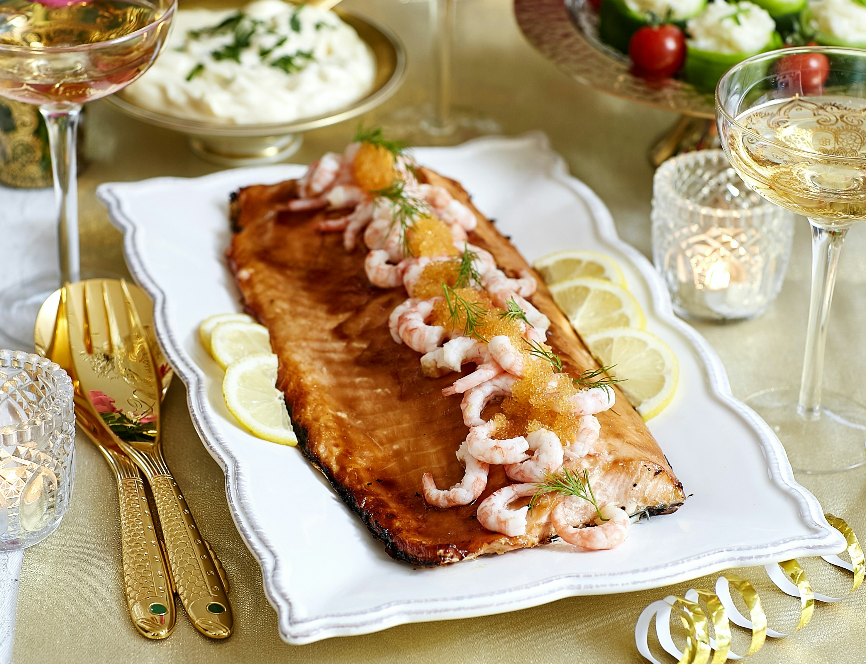 Teriyakilax med räkor och rom